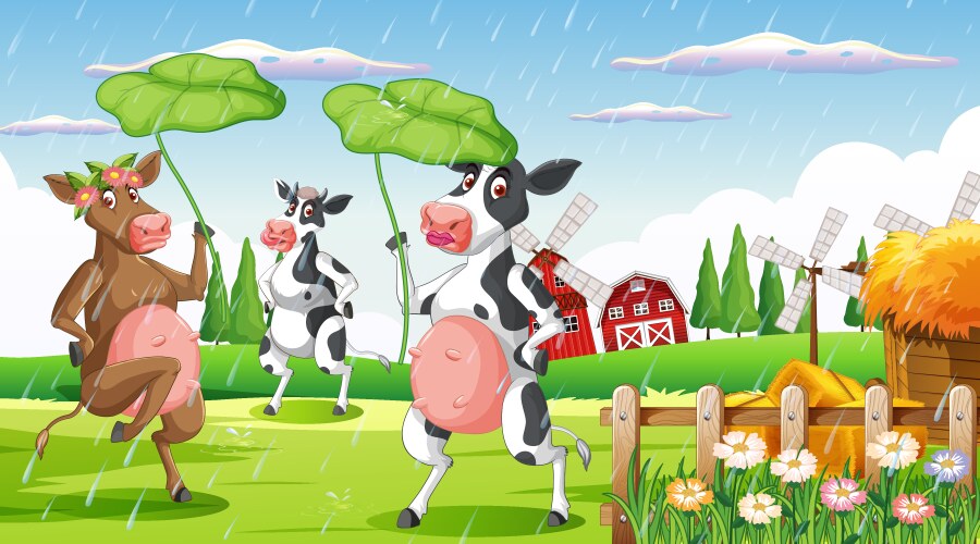 Outdoor cow farm scene with happy animals cartoon Vector Image