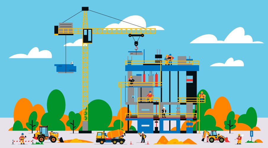 Cartoon scene of building construction site Vector Image