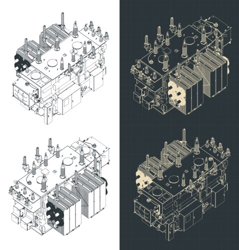 Power three-phase transformer isometric blueprints