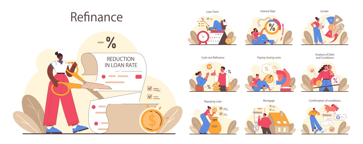 Refinance process icon set loan rate reduction Vector Image