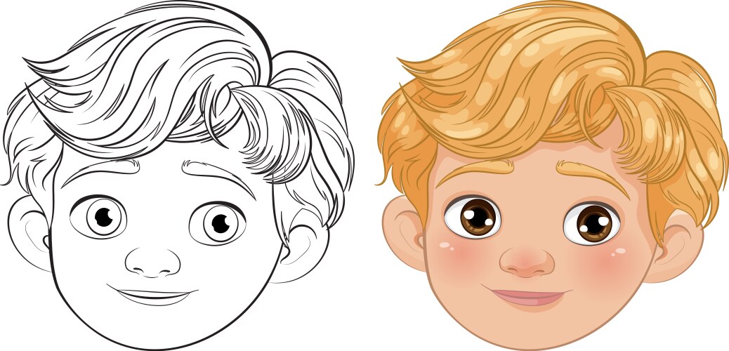 Color and outline versions of a boys face Vector Image
