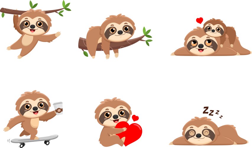 Cute sloth cartoon characters collection set Vector Image