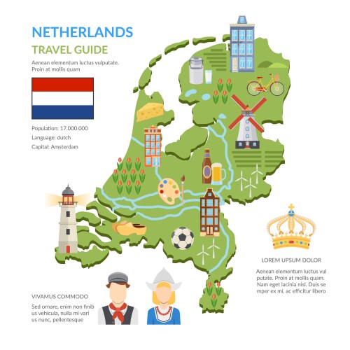 Cartoon map holland with legend icons Royalty Free Vector