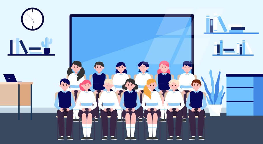 Class group portrait smiling girls and boys Vector Image