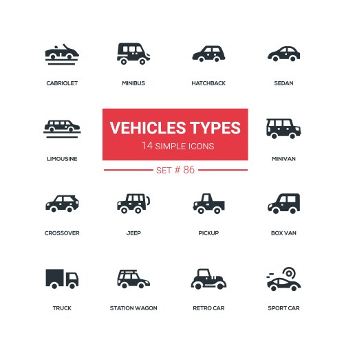 Car automobile types black icons isolated Vector Image