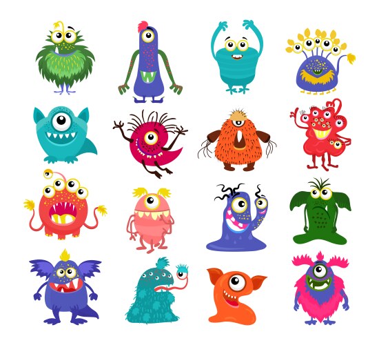 Cartoon cute color monsters aliens set Royalty Free Vector
