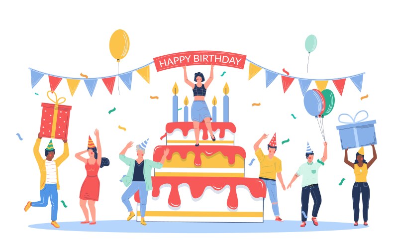 People characters dancing near birthday cake Vector Image