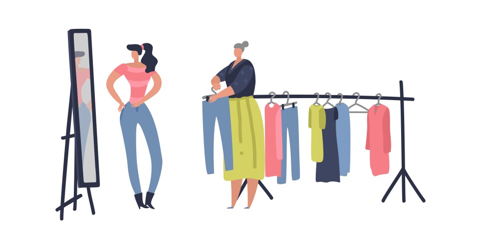 Second hand shop or flea market scene cartoon flat