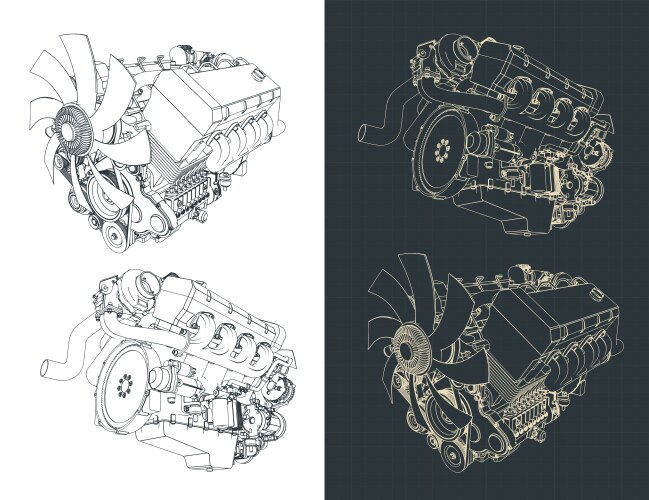 Powerful v8 turbo engine blueprints Royalty Free Vector