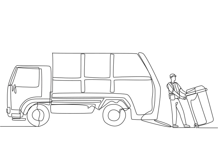 Single continuous line drawing trash man pulling Vector Image