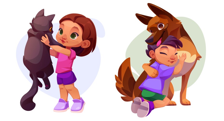 Kids with dogs happy children playing hugging Vector Image