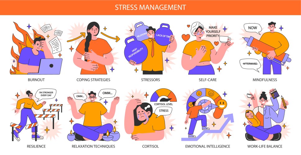 Stress management set diverse office characters Vector Image