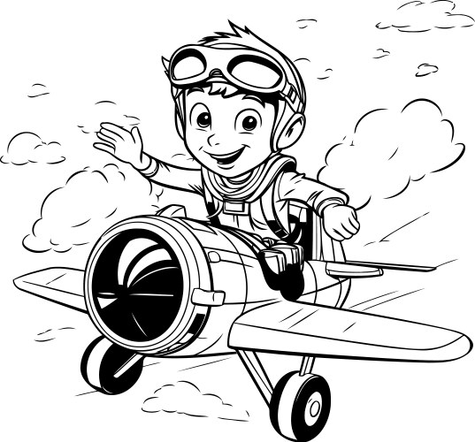 Boy pilot with airplane coloring book for children