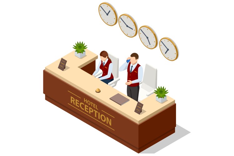 Isometric hotel reception interior reception desk Vector Image