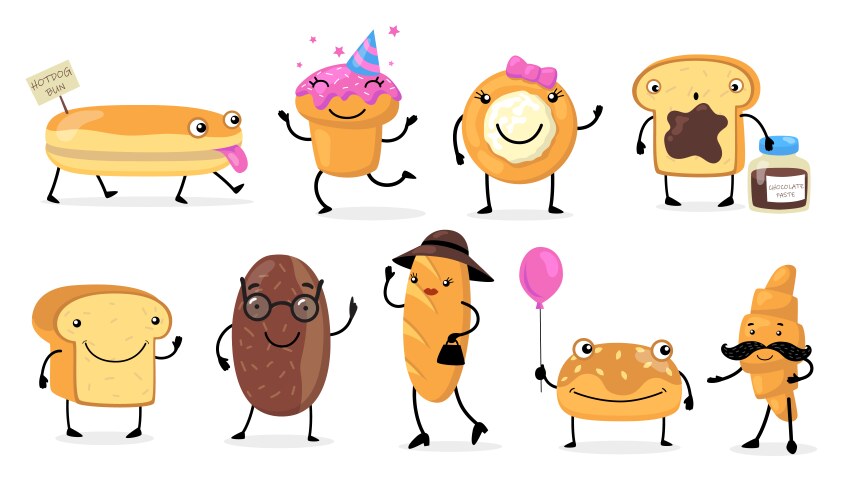 Bread characters funny tasty bakery pastries Vector Image