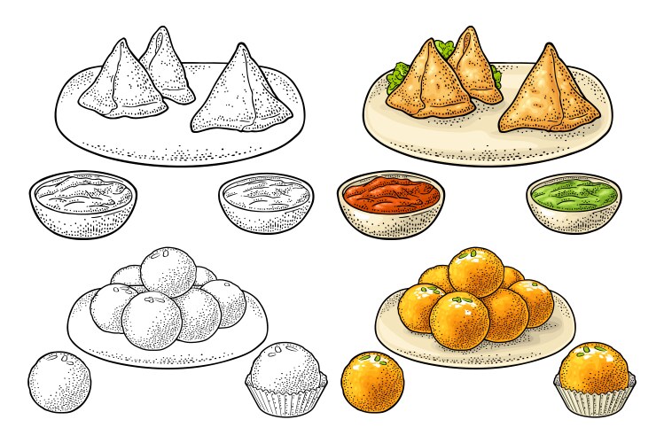 Samosa on board with sauces in bowl color Vector Image