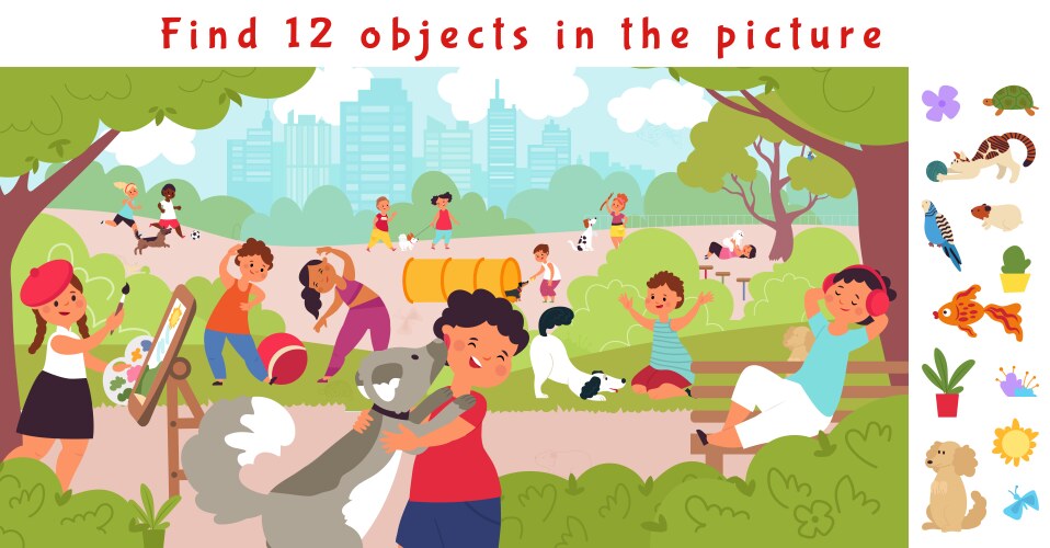 Children in playground find 10 hidden objects Vector Image