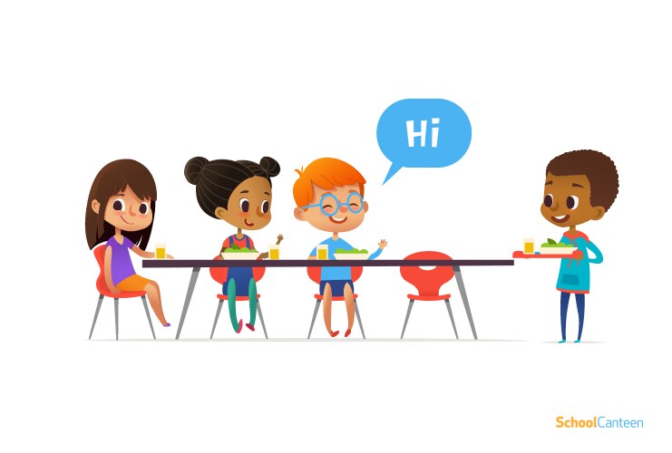 Group of children sitting around table at school Vector Image