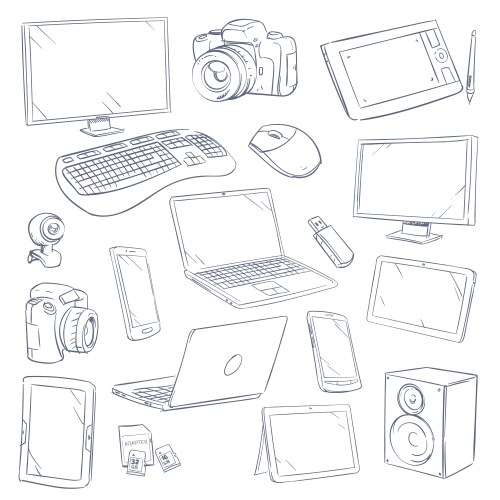 Different computer devices in hand drawn style Vector Image