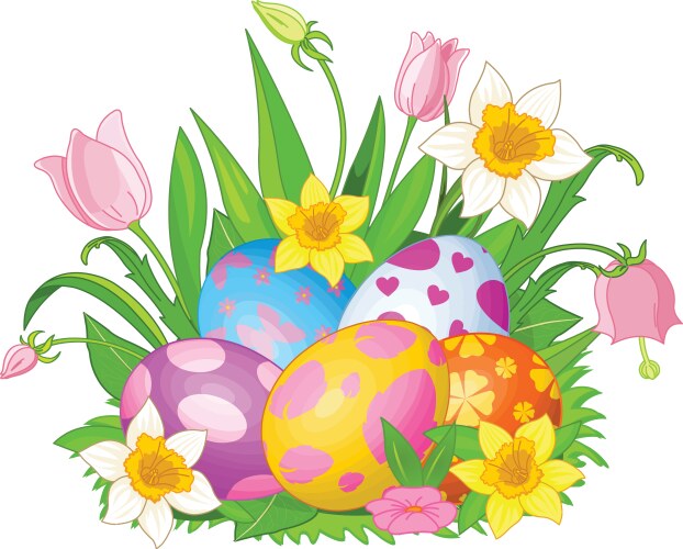 Cartoon chick with easter eggs in the grass Vector Image