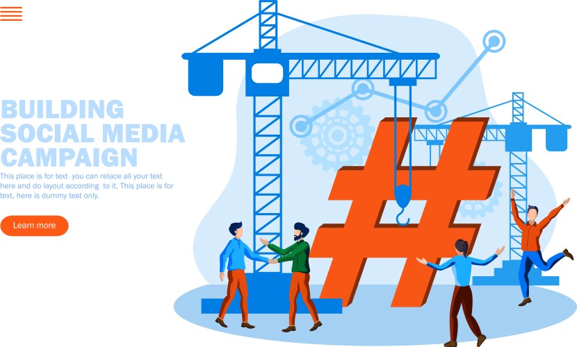 Team enjoying around hashtags and social media Vector Image
