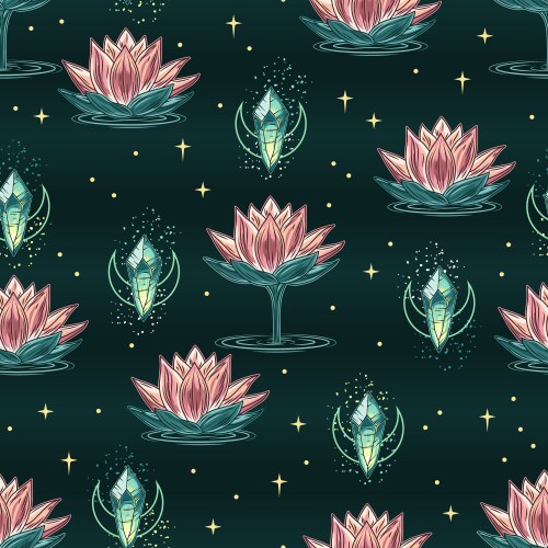 Pattern with lotus flower crystals crescent moon Vector Image