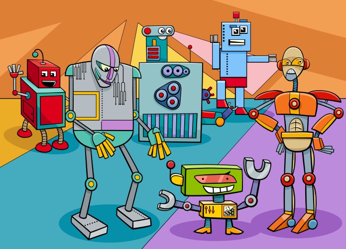 Robot characters group cartoon Royalty Free Vector Image