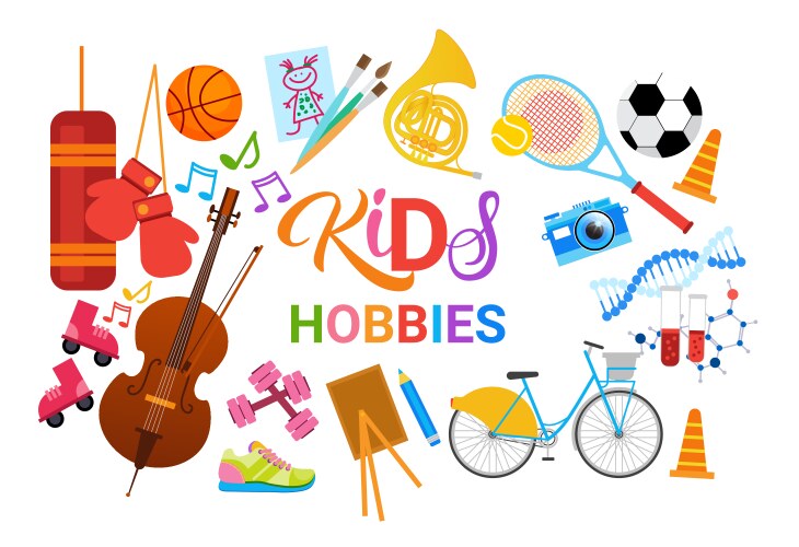 Cartoon kids with different hobbies on a white bac