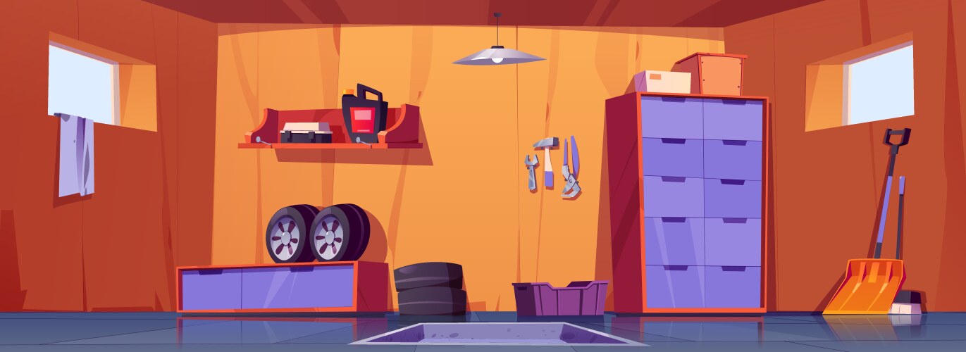 Cartoon garage interior design at night Royalty Free Vector