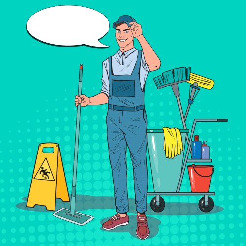 Pop art cleaner in uniform with mop cleaning Vector Image