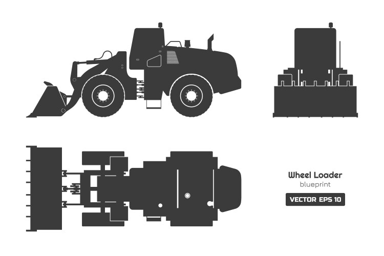 Blueprint of wheel loader top side front view Vector Image