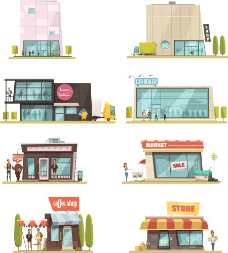 Shops and stores front icons set flat style Vector Image