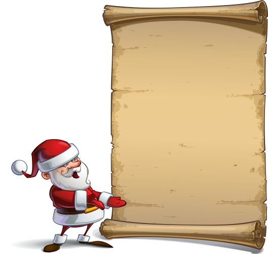 Happy santa scroll blank label pointing Royalty Free Vector