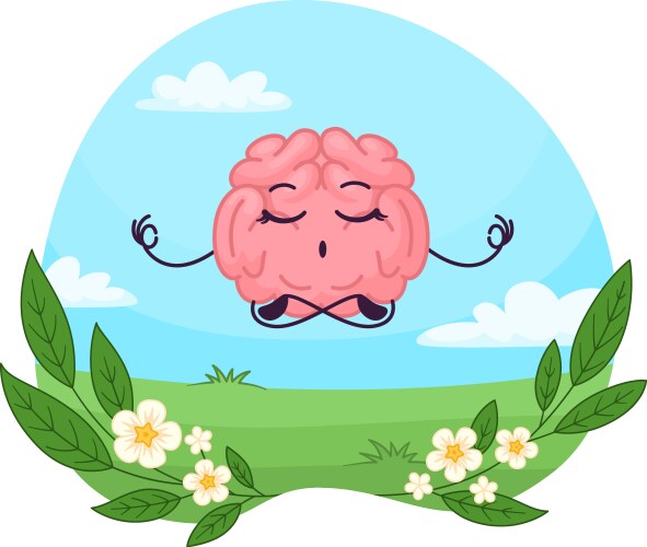 Cute brain in meditation cartoon Royalty Free Vector Image