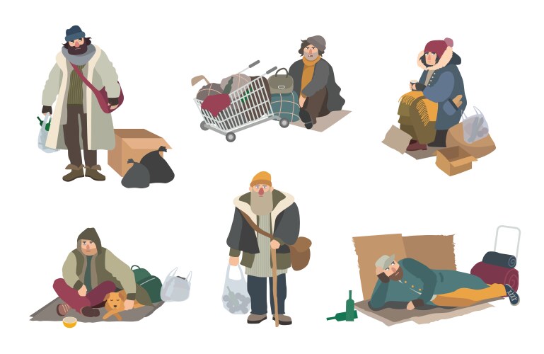 Homeless people cartoon characters set Royalty Free Vector
