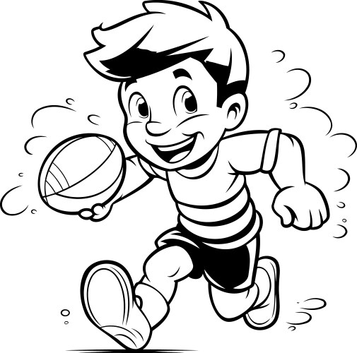 Boy playing rugby - black and white cartoon Vector Image