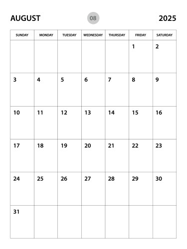 August 2025 year planner template calendar Vector Image