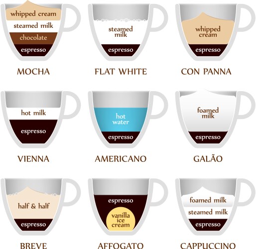 Coffee types or kinds set Royalty Free Vector Image
