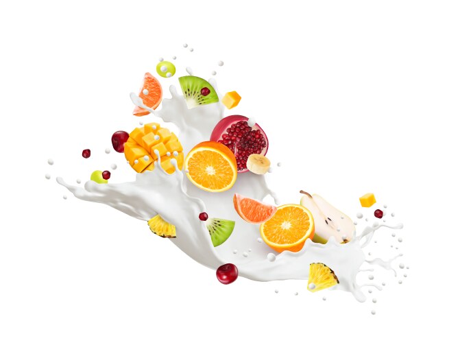 Big collection icons of fruit in a milk splash Vector Image