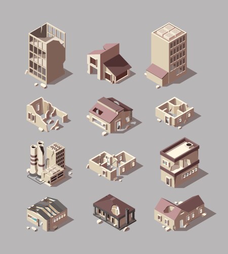 Abandoned buildings isometric broken houses city Vector Image