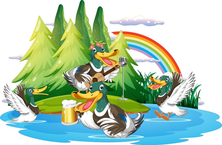 Happy duck group in nature scene Royalty Free Vector Image