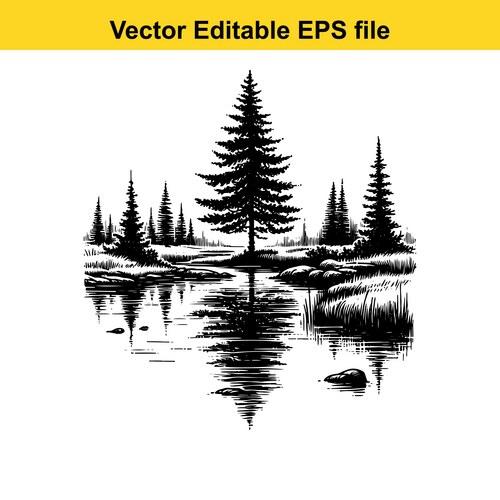 Pine Trees Reflection - Tranquil Scene – Royalty-Free Vector | VectorStock