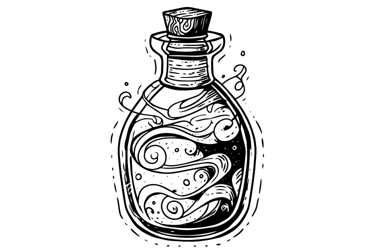 Magic bottle with potion hand drawn ink sketch Vector Image