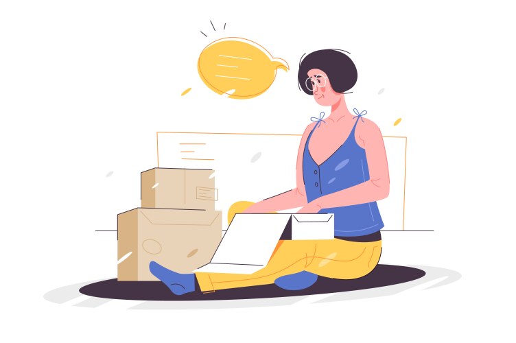 Smiling woman unpack box with order Royalty Free Vector