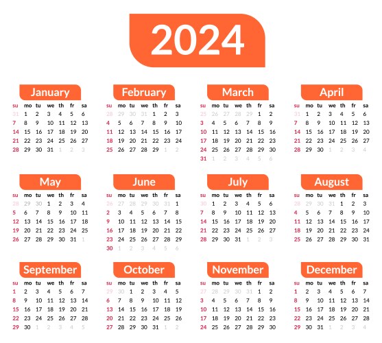 2024 2025 to 2030 calendar set week starts Vector Image