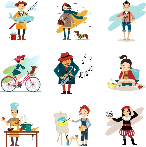 Cartoon kids with different hobbies on a white bac