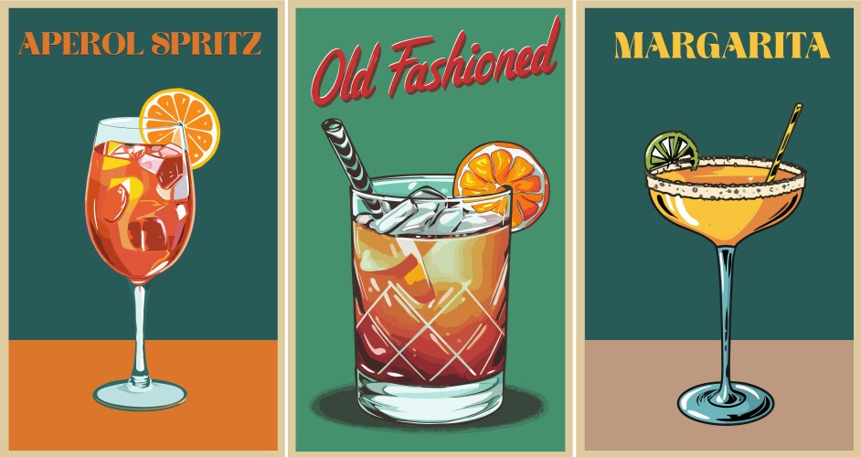 Cocktails retro poster prints art set Royalty Free Vector