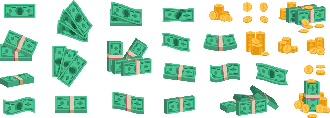 Cartoon money and coins green dollar banknotes Vector Image