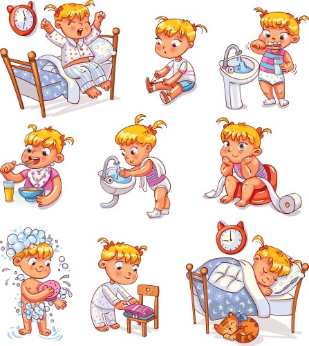 Cartoon kid daily routine activities set Vector Image