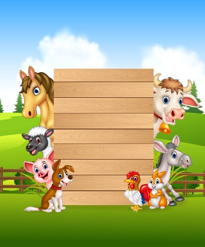 Farm animals with a blank sign bamboo Royalty Free Vector